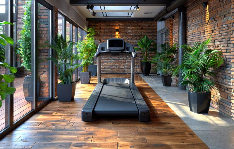 Fitness Area with Treadmill and Plants Stock Photo - Image of training ...