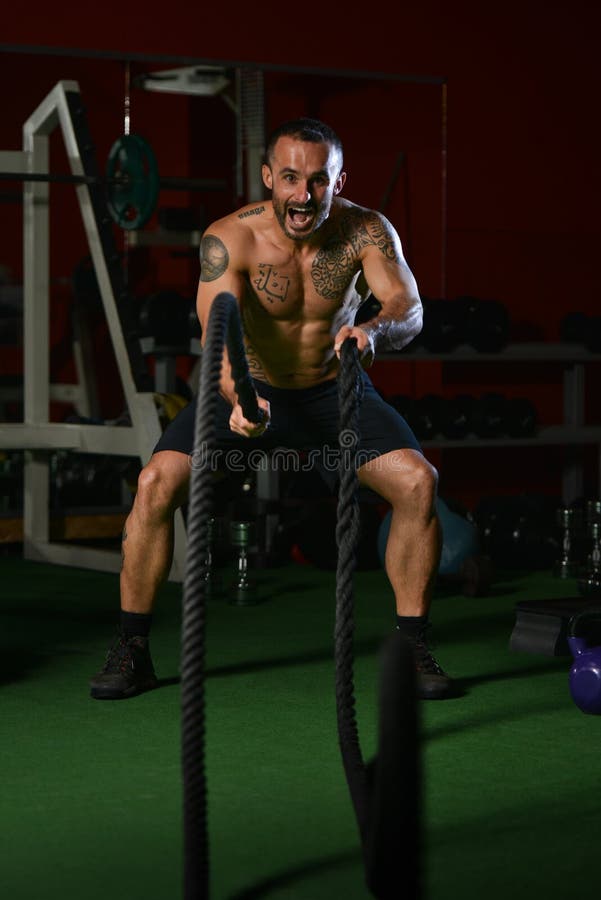Fitness Battling Ropes at Gym Workout Fitness Exercise Stock Photo ...