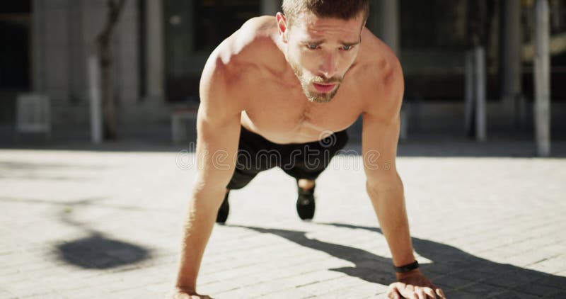Fitness, City Ground and Strong Man Doing Push Up for Exercise ...