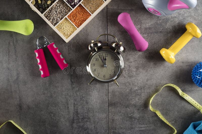 Fitness Concept - Objects and Nutrition on Stone Floor . Stock Photo ...