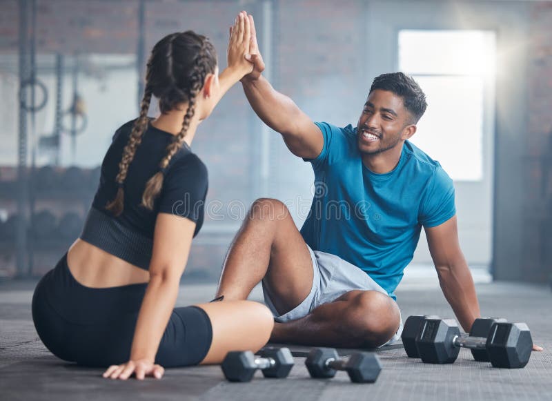 Fitness Couple High Five And Personal Trainer With Woman Client To