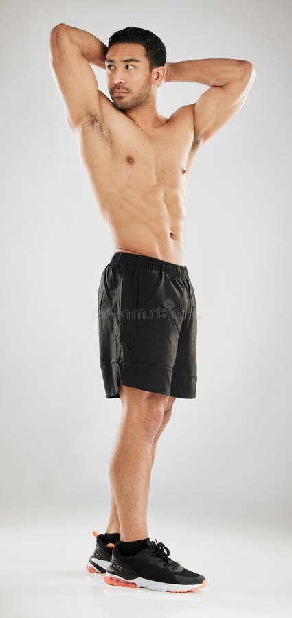 Fitness, Flex or Man Topless in Studio with Abs, Muscle Development or ...