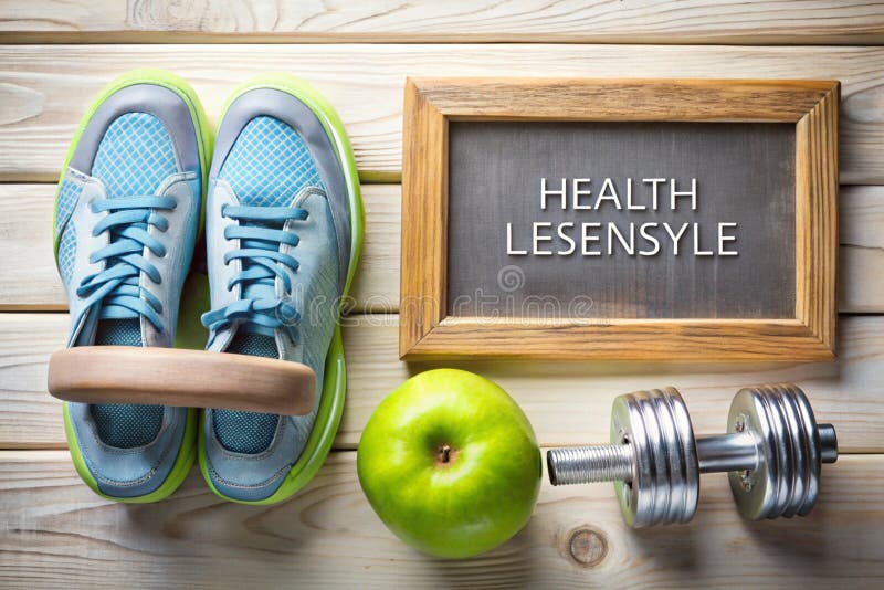 Fitness Frame with Dumbbells, Sneakers, and Green Apple Stock ...