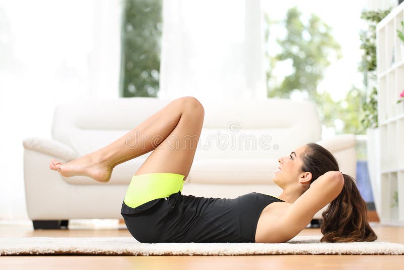 Fitness Girl Doing Crunches at Home Stock Image - Image of effort ...