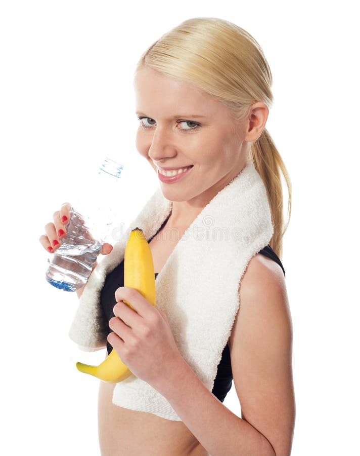 Fitness Girl Holding Water Bottle and Banana Stock Photo - Image of ... Fitness Girl Holding Water Bottle and Banana Stock Photo - Image of ...