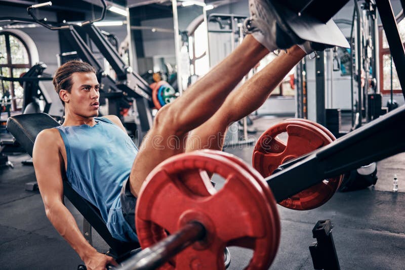 Fitness, Gym and Leg Press, Workout and Weight with Strong Man ...