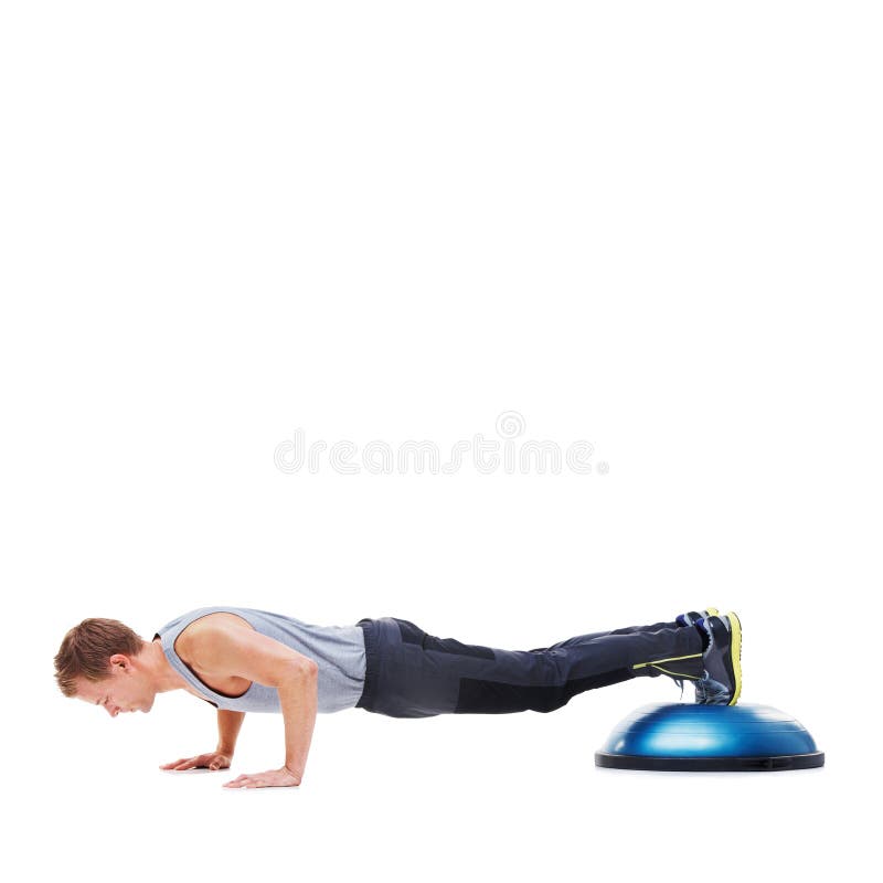 Fitness, Half Ball and Man Doing Push Up for Wellness, Studio Workout ...