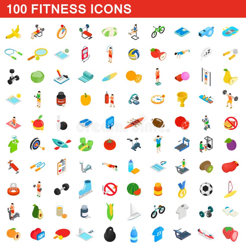 100 Fitness Icons Set, Isometric 3d Style Stock Vector - Illustration ...