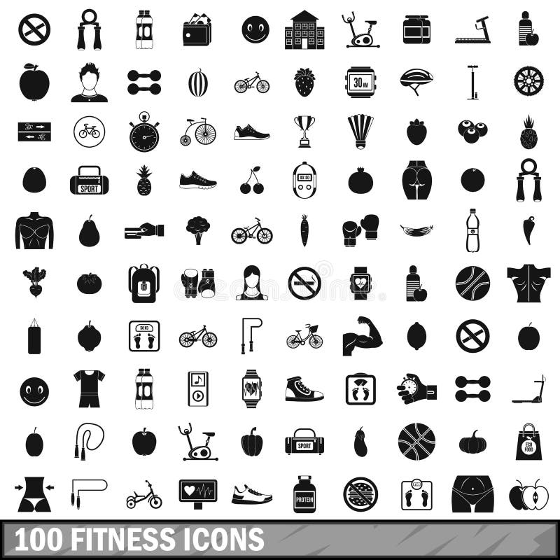 100 Fitness Icons Set in Simple Style Stock Vector - Illustration of ...