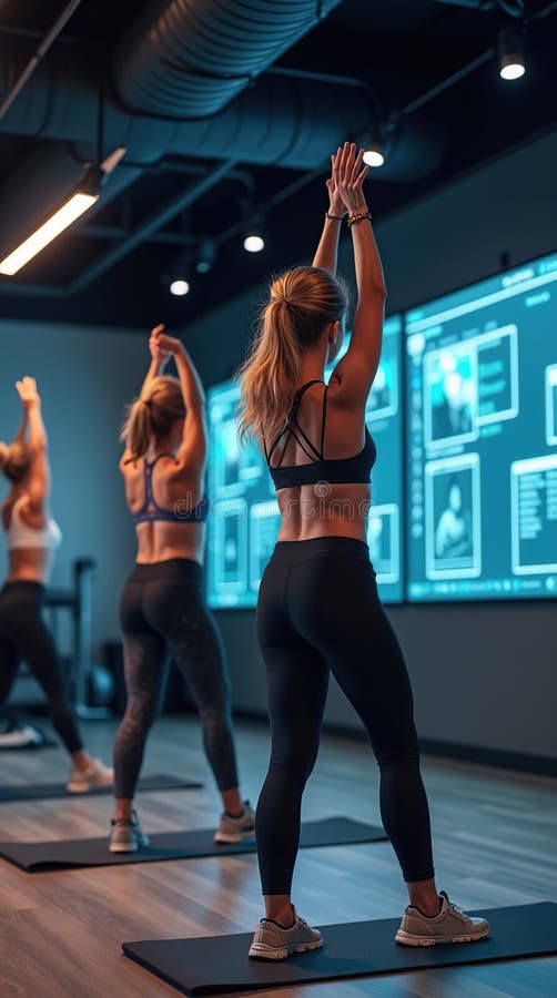 Instructors Leading Virtual Fitness Classes in High-Tech Studio Stock ...