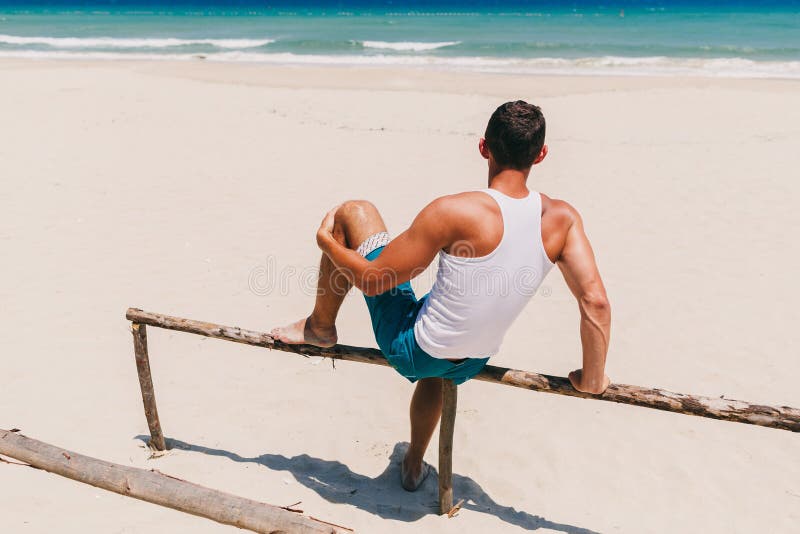 Fitness Man on the Beach Back View Stock Photo - Image of lifestyle ...