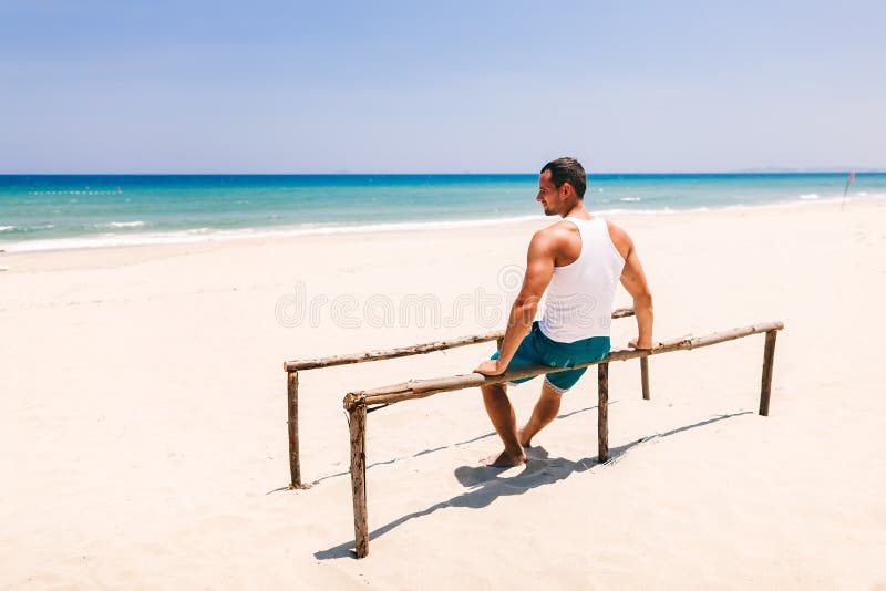 Fitness Man on the Beach Back View Stock Photo - Image of outside ...