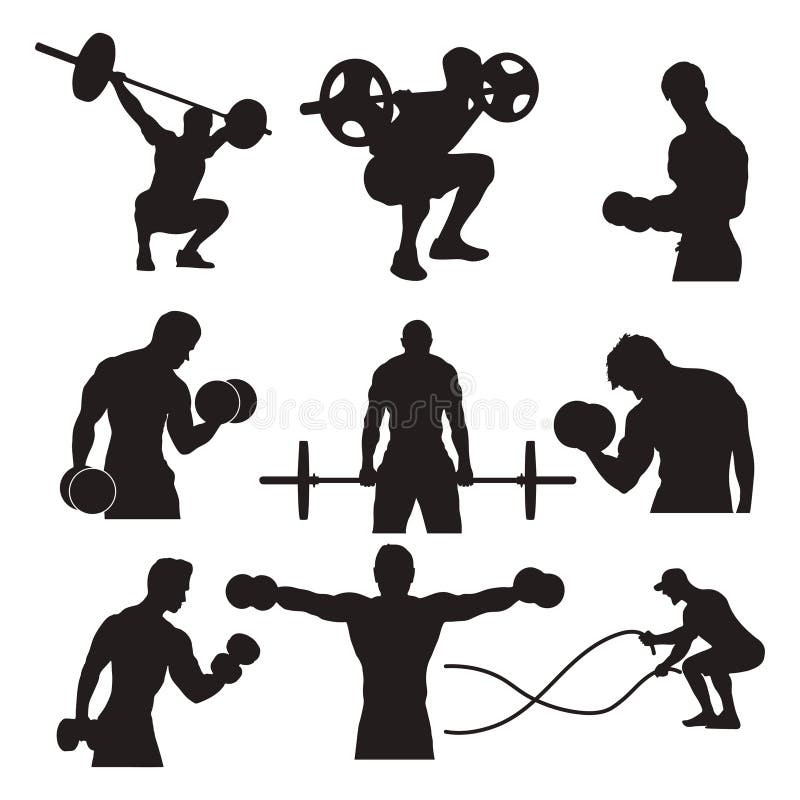 Fitness Man Gym Silhouettes, Exercise Silhouettes in Different Pose ...