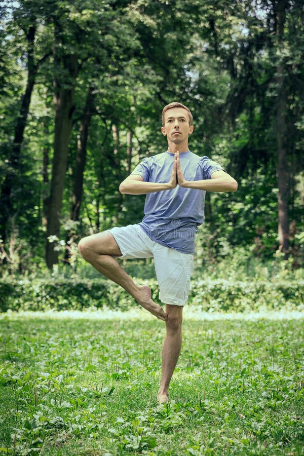 Fitness, Man Training Yoga in Tree Pose in Park Stock Photo - Image of ...