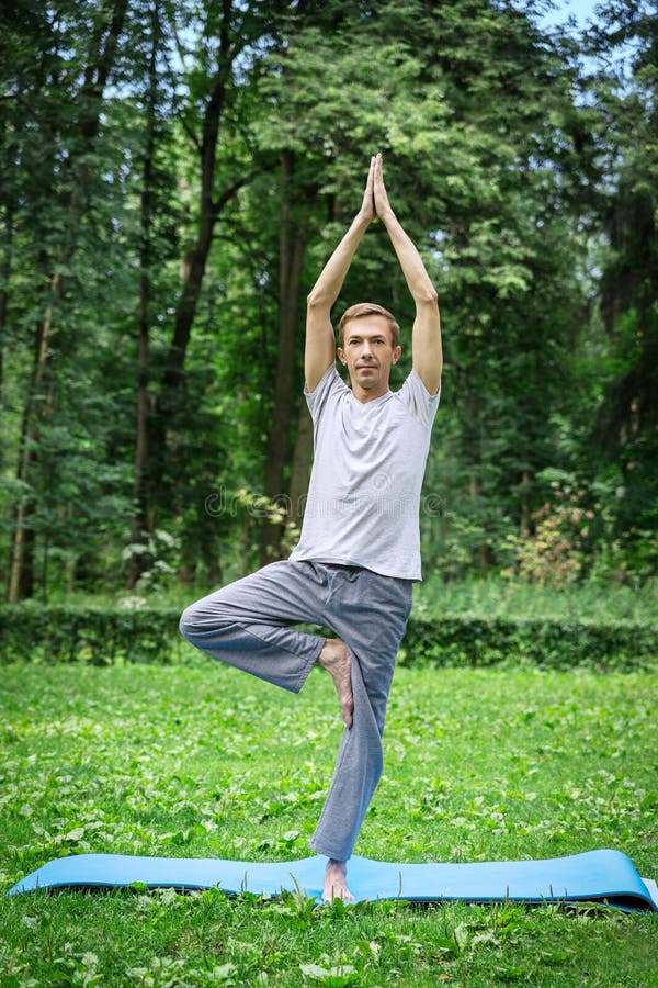 Fitness, Man Training Yoga in Tree Pose in Park Stock Image - Image of ...
