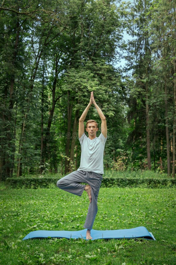 Fitness, Man Training Yoga in Tree Pose in Park Stock Image - Image of ...