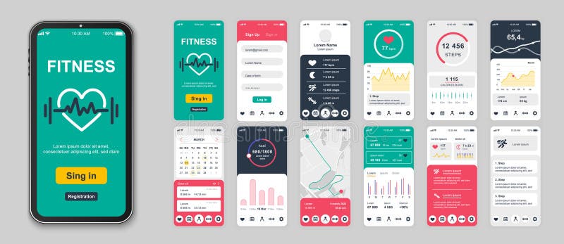 Fitness Mobile App Screens Set for Web Templates. Pack of Login ...