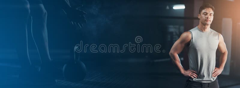 Fitness, Mockup and Confidence, Man in Gym with Kettlebell Workout and ...