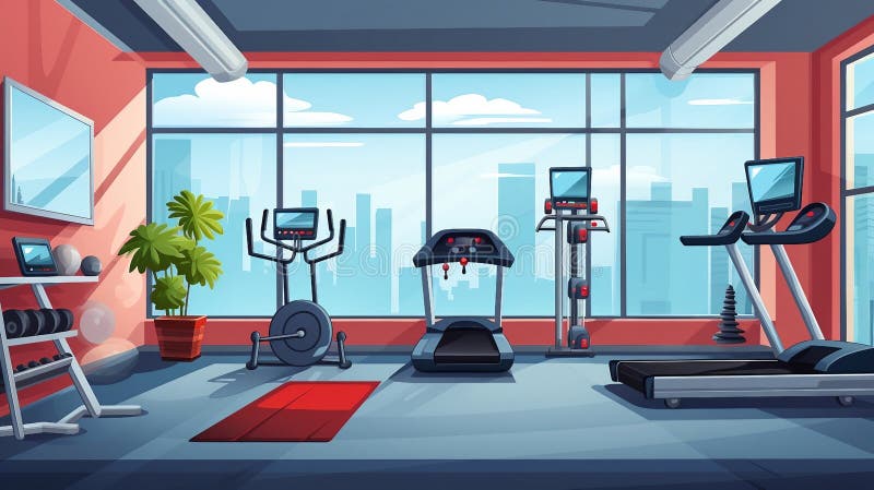 Fitness Room with Exercise Equipment and Windows Illustration AI ...