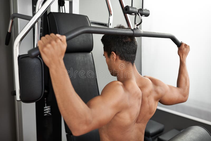 Fitness, Shoulder Press and Back of Man in Studio on Gray Background ...