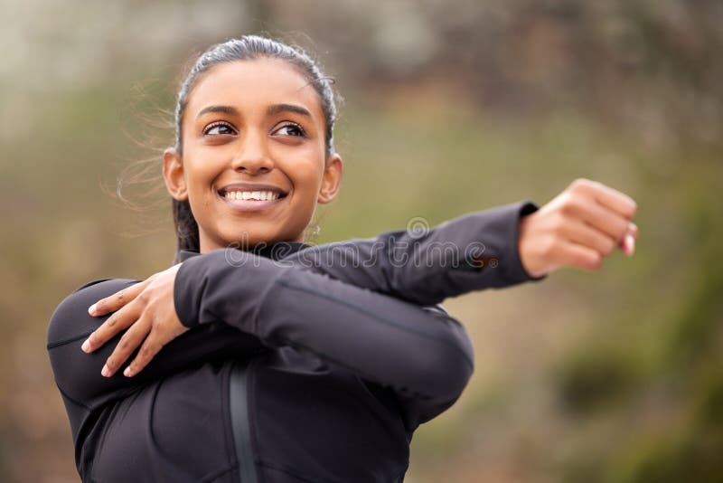 Fitness Smile And Woman Stretching Arms In Park For Running Exercise