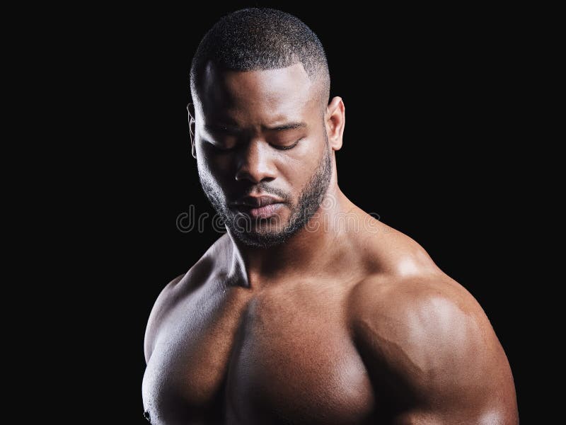 Fitness, Thinking and Black Man in Studio with Muscle for Training ...