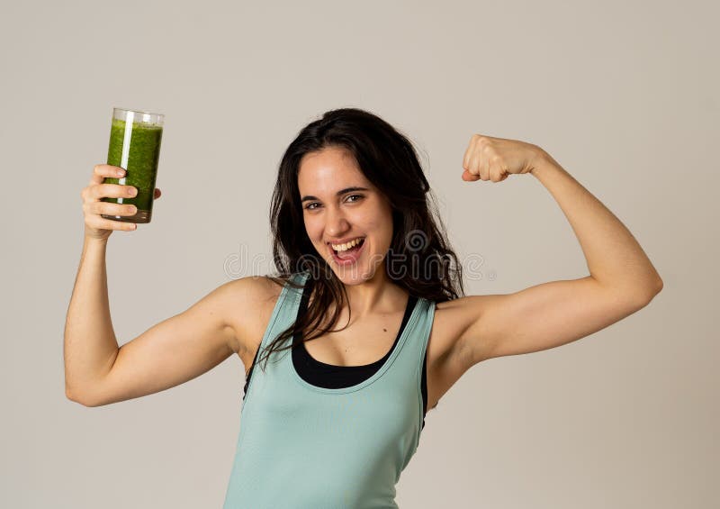 Beautiful Fit Sport Latin Woman Drinking Healthy Fresh Vegetable