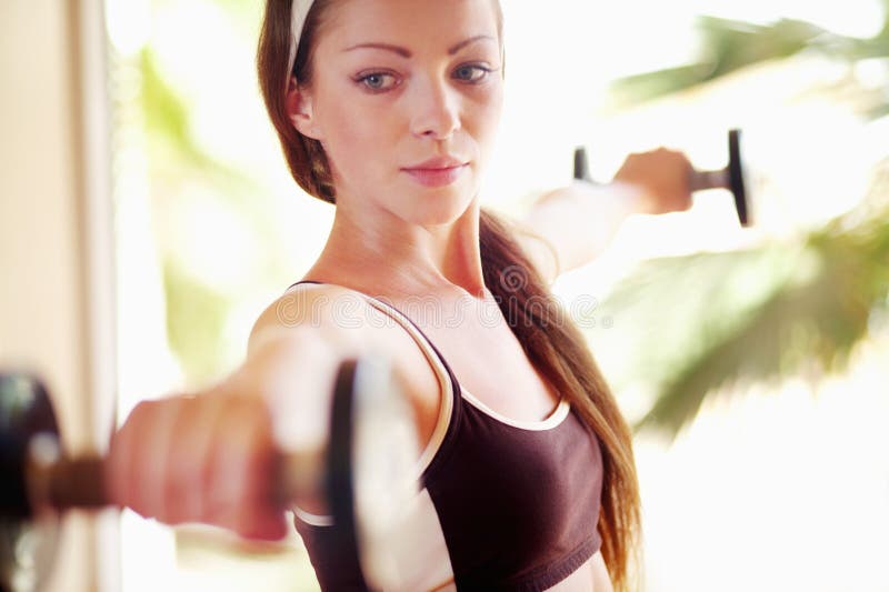 Fitness Workout And Woman With Dumbbells For Exercise Training Or