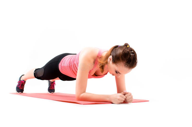 Portrait of Happy Young Woman Doing Stretching Exercise Legs Isolated ...