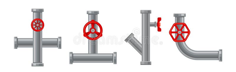 Fitting or Adapter for Connecting Straight Section of Pipe or Tube with Red Valves Vector Set ...