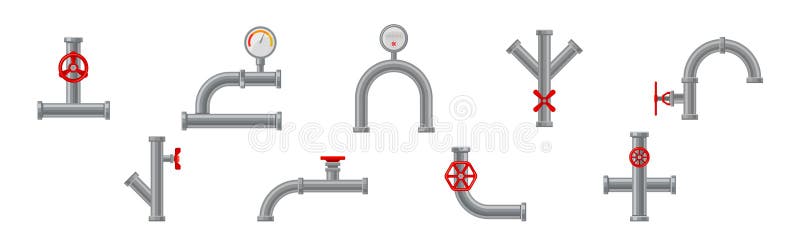 Fitting or Adapter for Connecting Straight Section of Pipe or Tube with Red Valves Vector Set ...