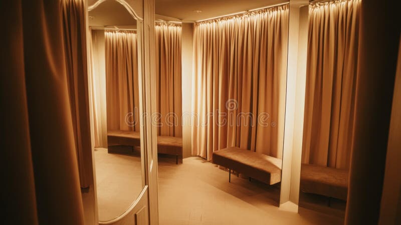 Spacious Fitting Room with Elegant Lighting and Soft Curtains in a ...