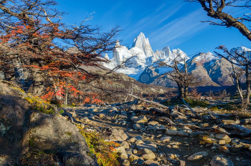 Fitz Roy Scenic View with Snowy Mountain Stock Image - Image of rocks ...