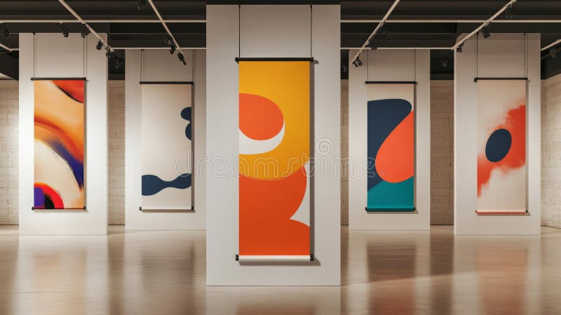 Five Abstract Paintings Hanging in a Gallery Stock Illustration ...