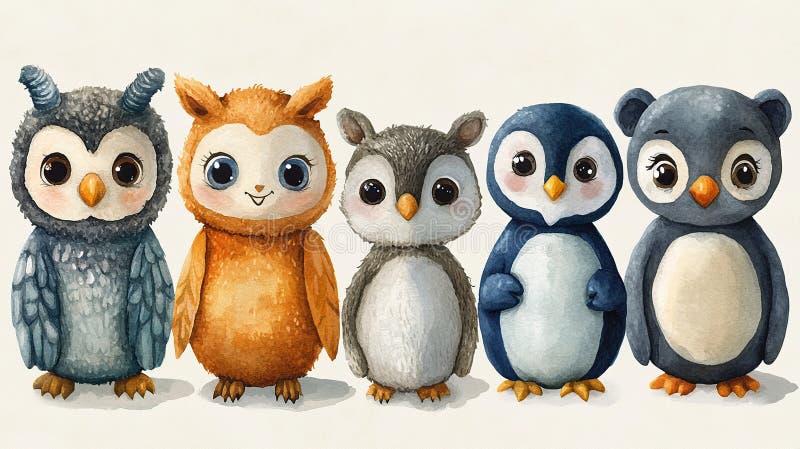 Five Adorable Cartoon Animals Owls and Penguins, Standing in a Row ...