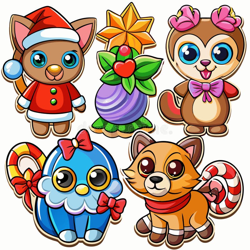 Five Adorable Cartoon Christmas Animals and Ornaments Stock Vector ...