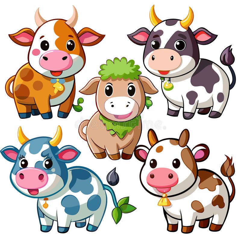 Five Adorable Cartoon Cows with Different Colored Spots and Collar ...