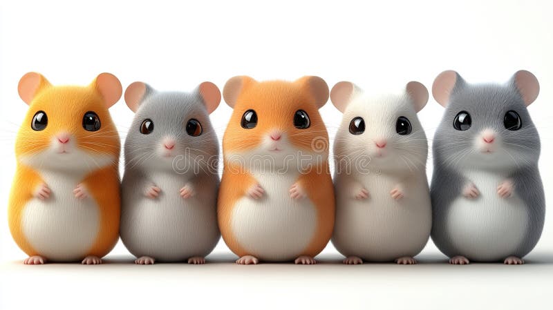 Five Adorable Cartoon Hamsters in a Row on White Background Stock ...