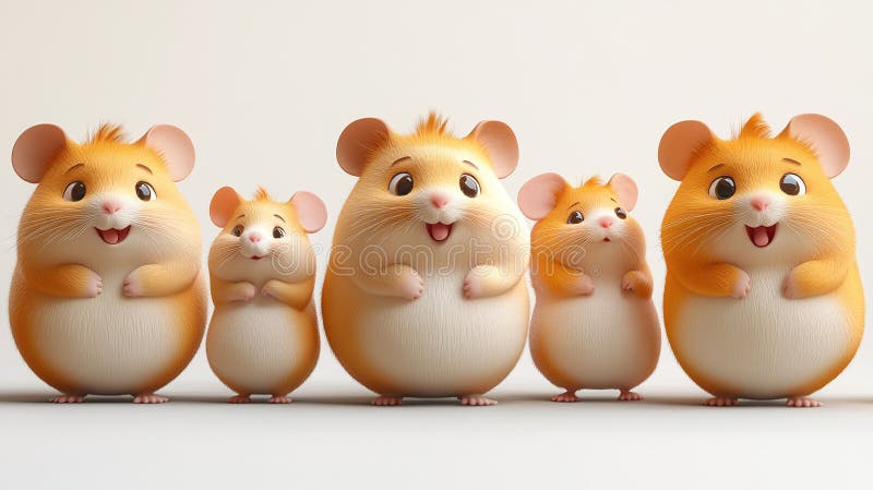 Five Adorable Cartoon Hamsters of Varying Sizes Standing in a Row ...