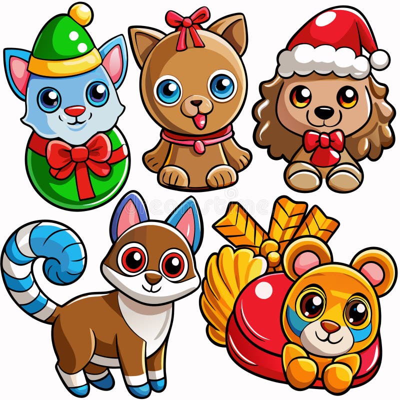 Five Adorable Cartoon Pets in Festive Attire Stock Vector ...