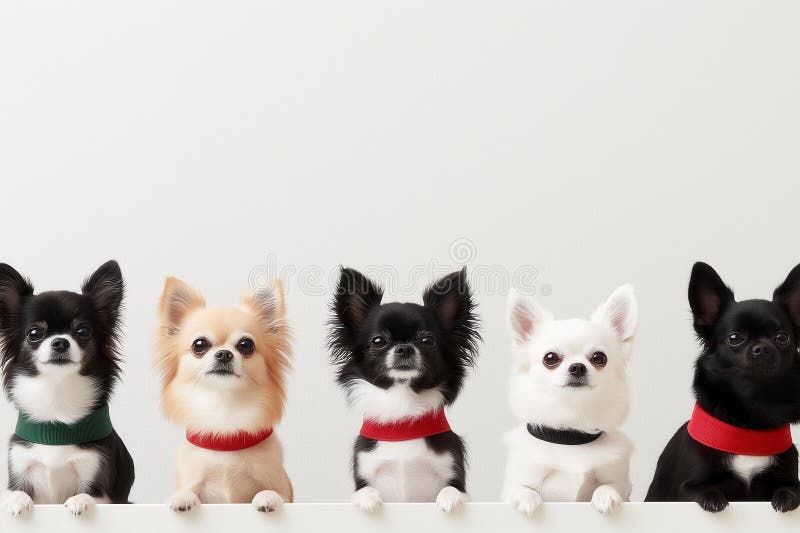 Five Adorable Chihuahuas Wearing Colorful Collars Looking Curious Stock ...