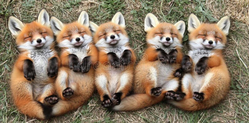 Five Adorable Fox Kits Sleeping Peacefully on Grass, Wildlife, Fox Cubs ...
