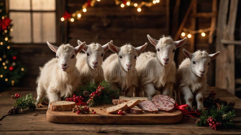 Adorable Baby Goats Christmas Feast Stock Illustration - Illustration ...