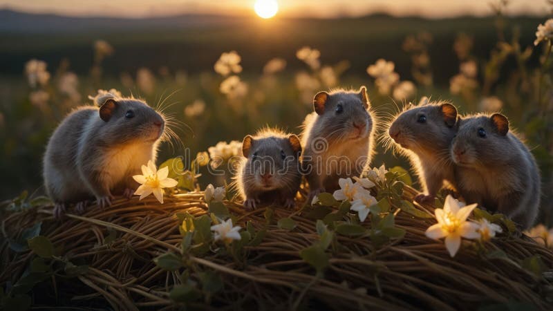 Five Adorable Baby Mice at Sunset in a Flowery Nest Stock Illustration ...