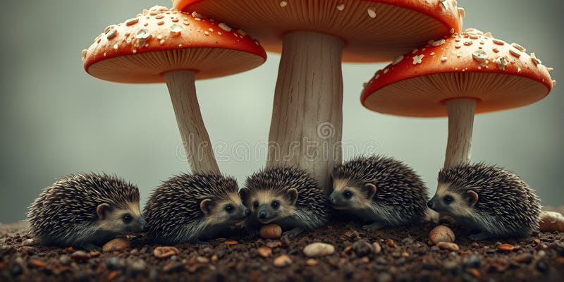 Five Adorable Hedgehogs Huddle Together Under a Cluster of Large Red ...