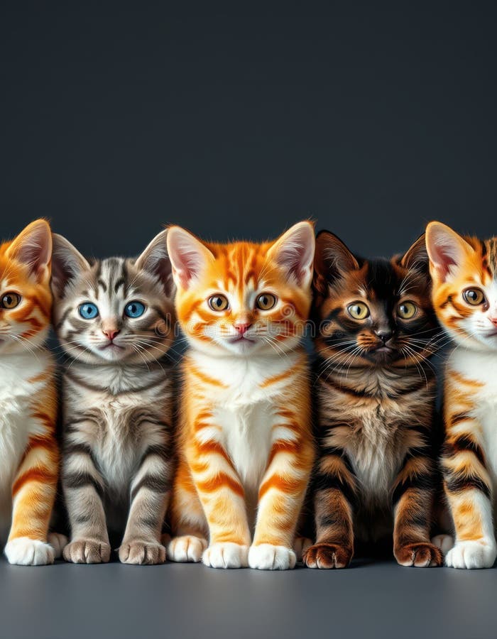Five Adorable Kittens with Unique Fur Patterns Sitting Together Against ...