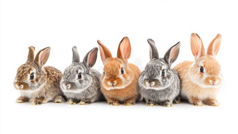 Five Adorable Rabbits Sitting in a Row on a White Background during ...