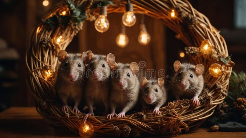 Adorable Group of Rats in a Festive Wreath with Warm Lights Stock ...