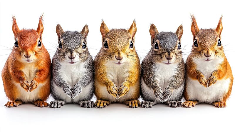 Five Adorable Squirrels in a Row, Sitting and Facing Forward on a White ...