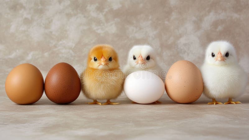 Five Adorable Yellow Baby Chickens Line Up beside White Eggs, Creating ...